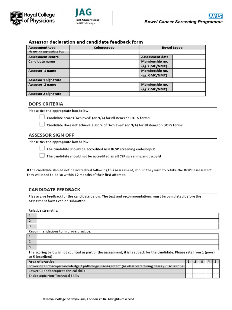 BCSP Assessor Declaration and Candidate Feedback Form With Patient Info | PDF | Colonoscopy ...