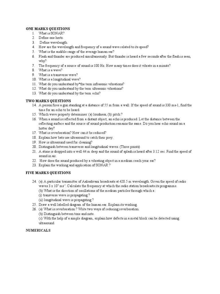 One Marks Questions: Numericals | PDF | Sound | Waves