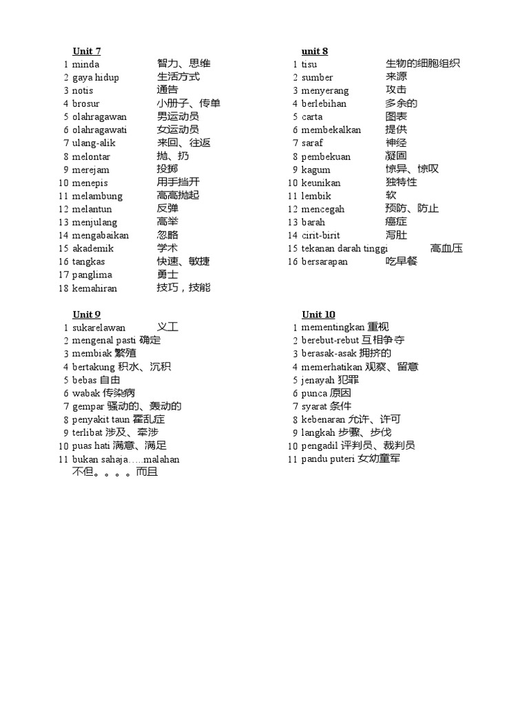 Kosa Kata Unit 7-10 (BM Tahun 4) | PDF