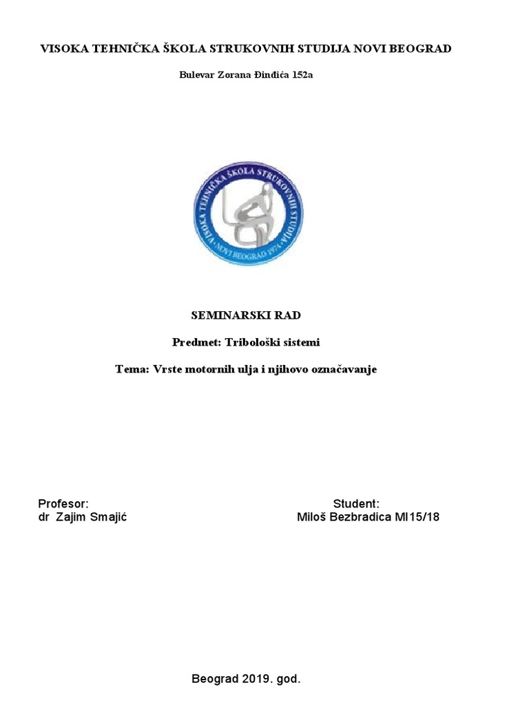 Seminarski Rad Vrste-Motornih-Ulja-i-Njihovo-Oznacavanje | PDF