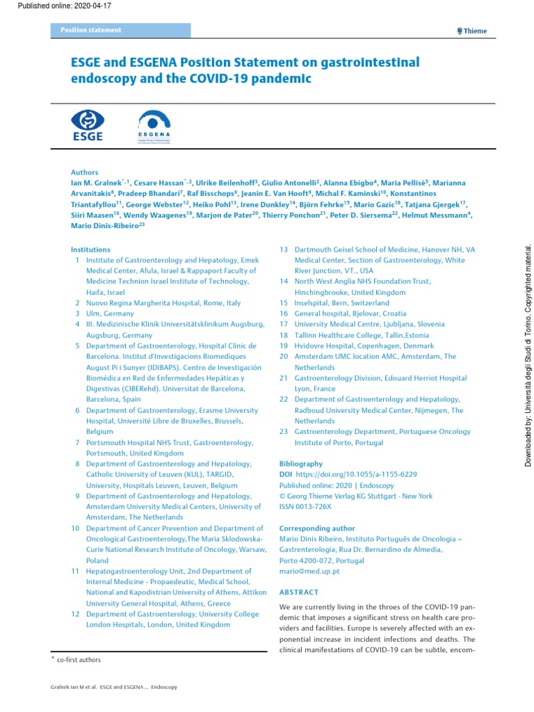 ESGE and ESGENA Position Statement On Gastrointestinal Endoscopy and ...