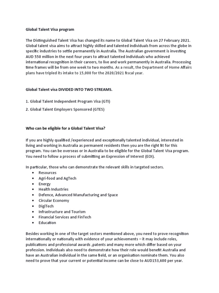 Global Talent Visa Program | PDF | Australia | Travel Visa