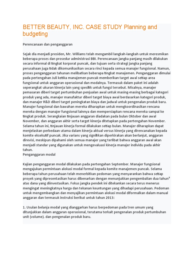 BETTER BEAUTY, INC. CASE STUDY Planning and Budgeting | PDF