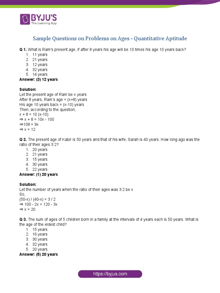 Sample Questions On Problems On Ages Quantitative Aptitude | PDF ...