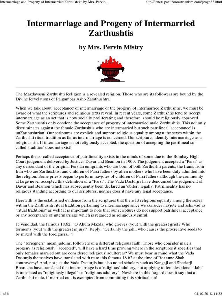 Intermarriage and Progeny of Intermarried Zarthushtis - by Mrs. Pervin ...