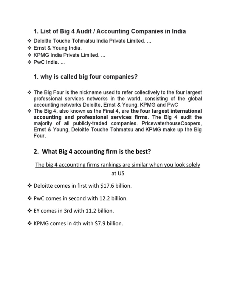 List of Big 4 Audit / Accounting Companies in India | PDF | Service ...