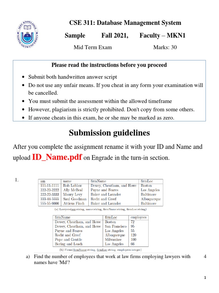 CSE311 Sample Mid Fall 21 | PDF | Relational Database | Employment