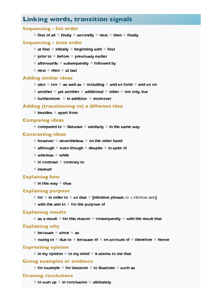 Linking Words, Transition Signals | PDF | Adjective | Verb