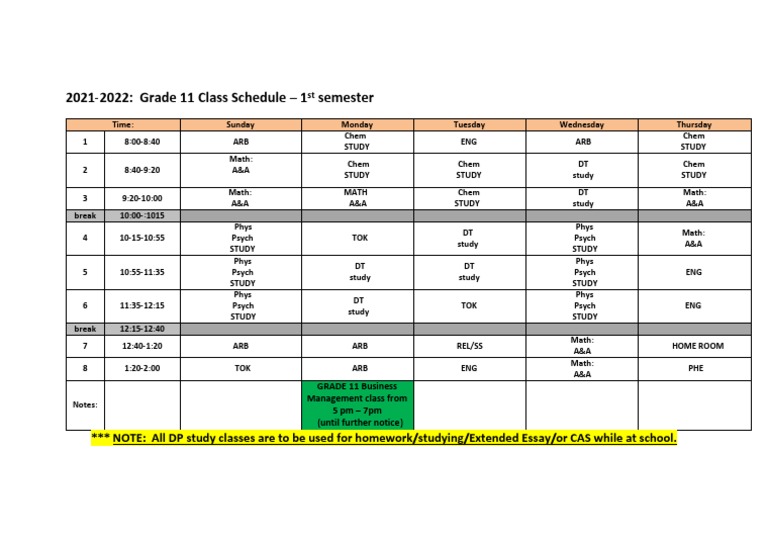 Grade 11 Class Schedule - 1st Sem | PDF