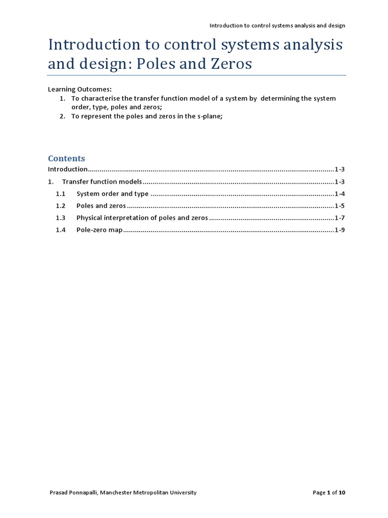 Introduction To Control Systems Analysis and Design: Poles and Zeros ...