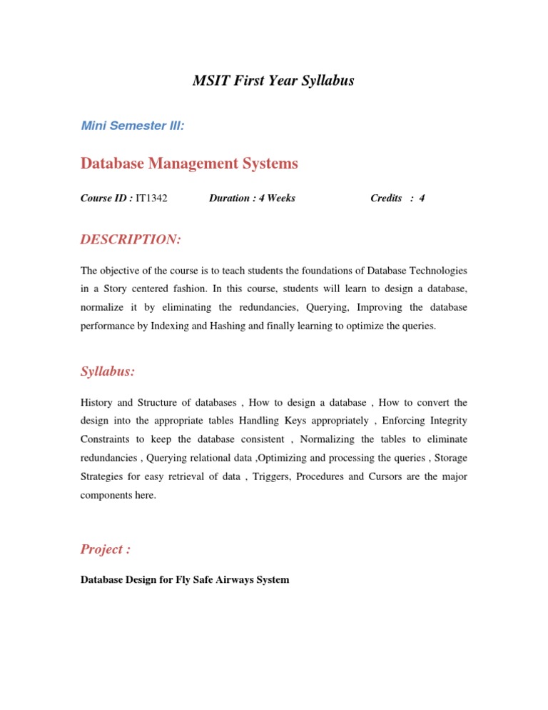 MSIT Database Management Syllabus | PDF