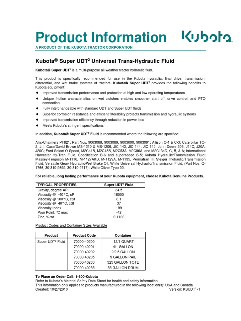 Kubota Super UDT2 Fluid PI Sheet | PDF | Transmission (Mechanics) | Tractor