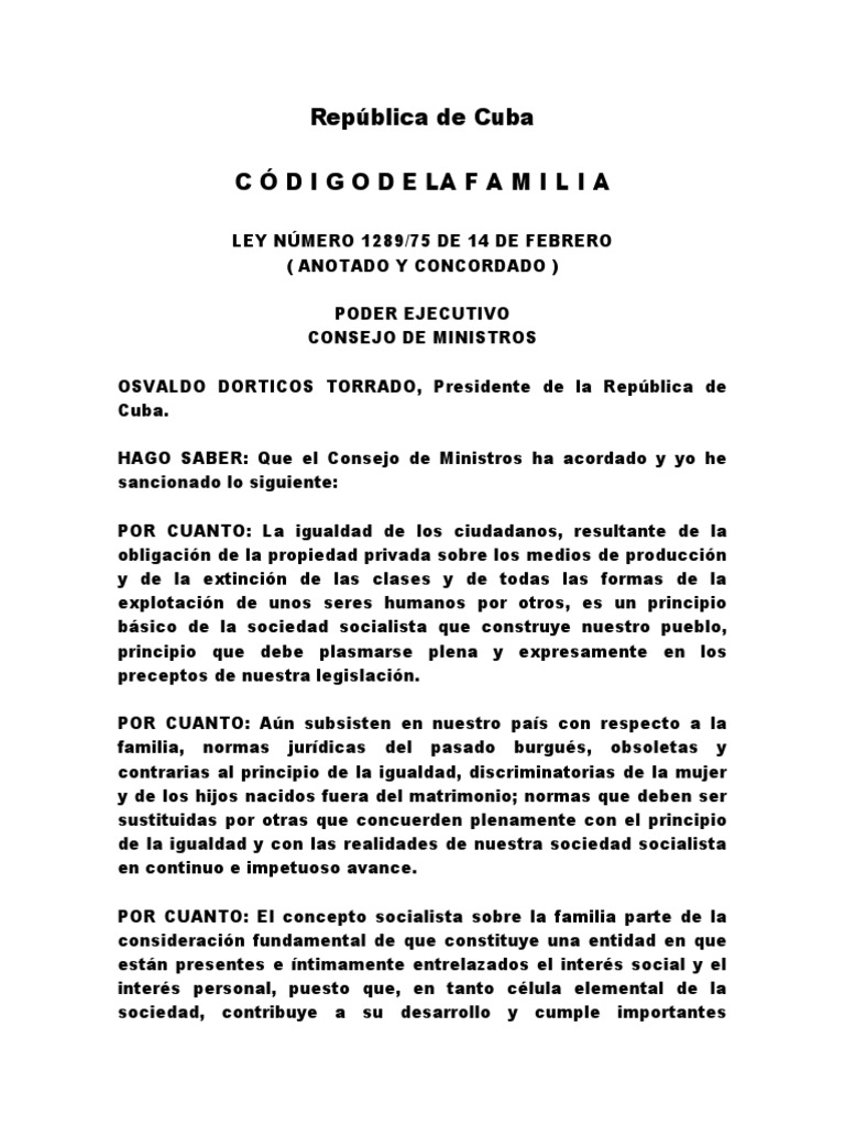 Código de la Familia en Cuba: Ley 1289 | PDF | Divorcio | Adopción