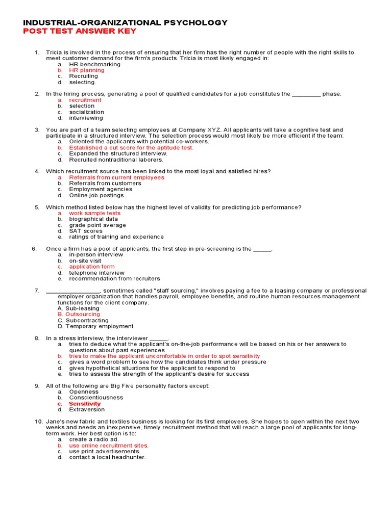 Post Test Answer Key: Industrial-Organizational Psychology | PDF ...