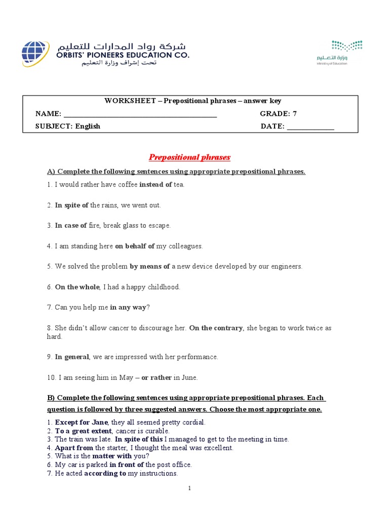 Prepositional Phrases Worksheet Answer Key | PDF | Linguistics