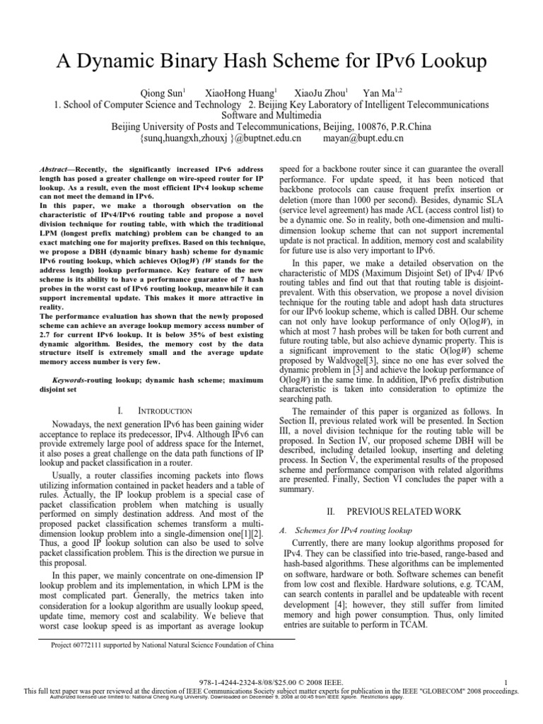 A Dynamic Binary Hash Scheme For IPv6 Lookup | PDF
