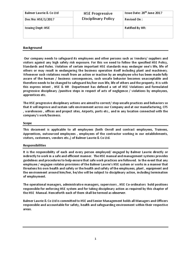 HSE Progressive Disciplinary Policy: Background | PDF | Personal ...