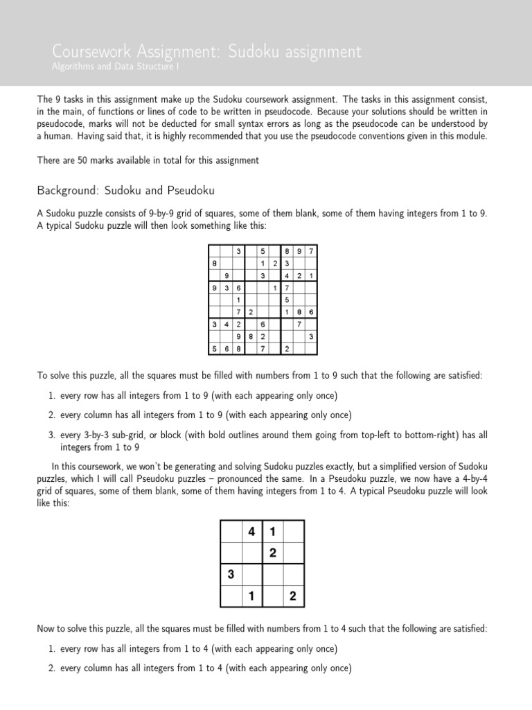 Coursework Assignment: Sudoku Assignment: Background: Sudoku and Pseudoku | PDF | Array Data ...