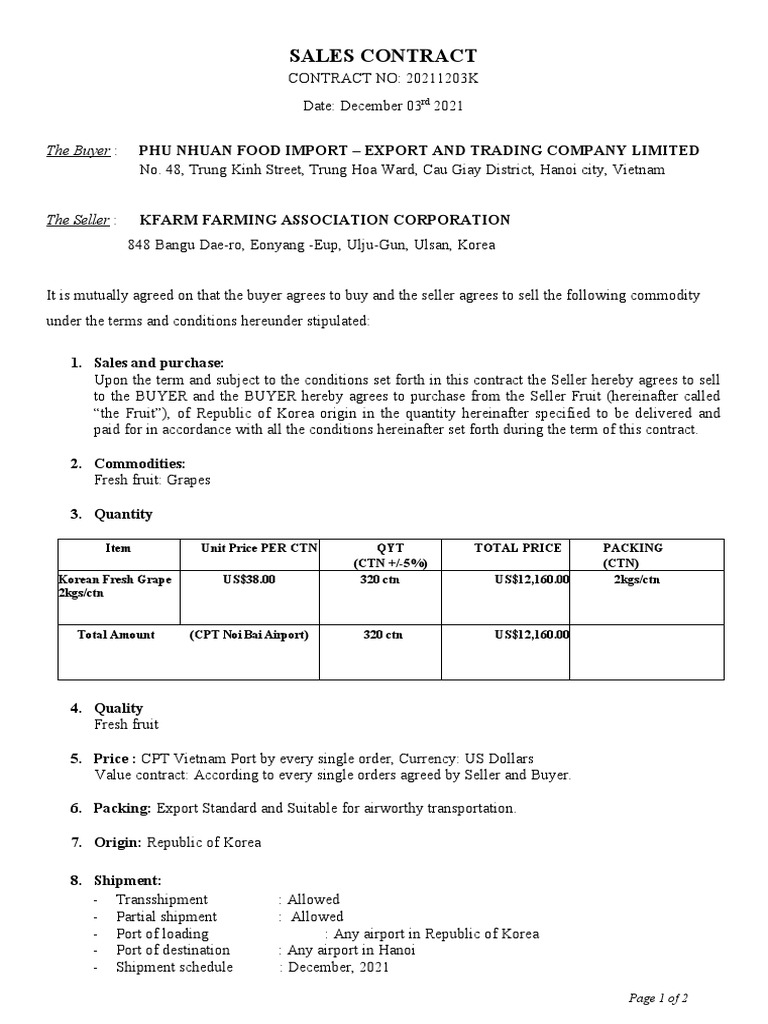 Sales Contract: The Buyer: Phu Nhuan Food Import - Export and Trading ...