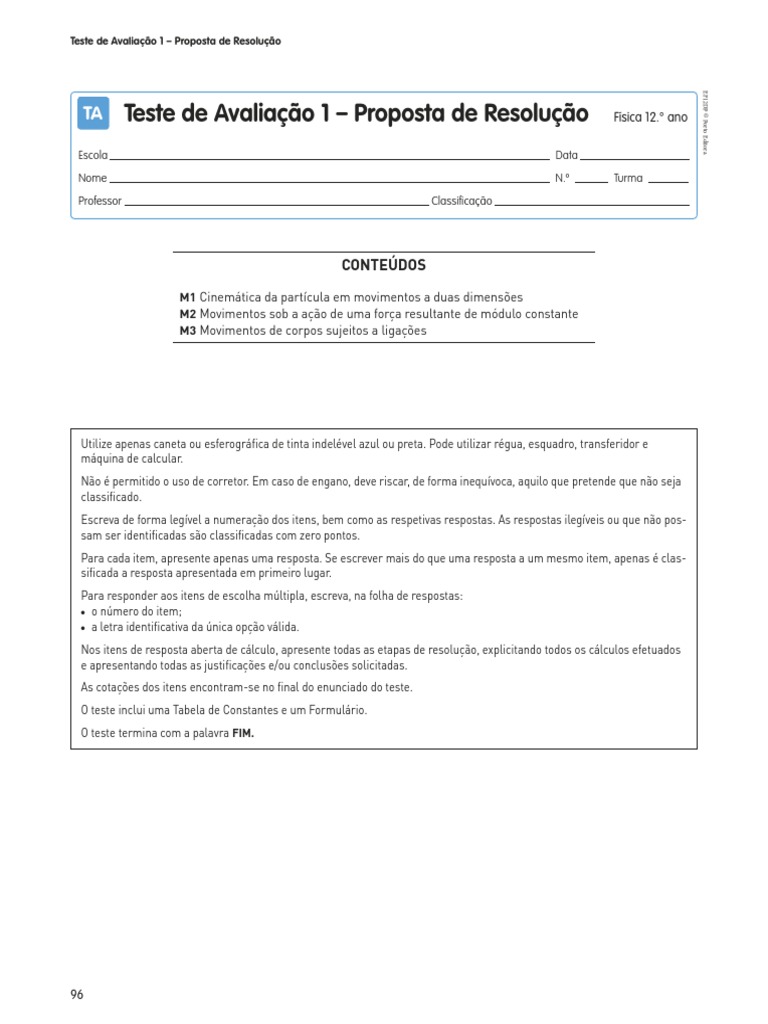Ef12 DP Teste Avaliacao 1 Resolucao | PDF | Trajetória | Massa