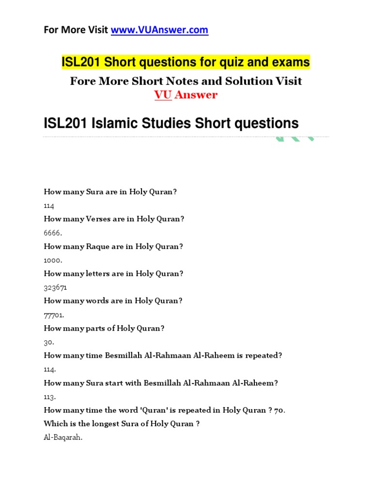 ISL201 Short Notes MCQs | PDF | Surah | Quran ISL201 Short Notes MCQs | PDF | Surah | Quran