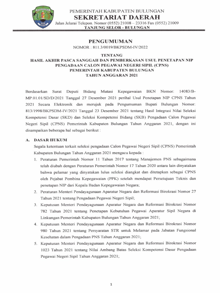 Pengumuman Pasca Sanggah & Pemberkasan Usul Penetapan Nip Cpns Pemkab. Bulungan T.A 2021 | PDF