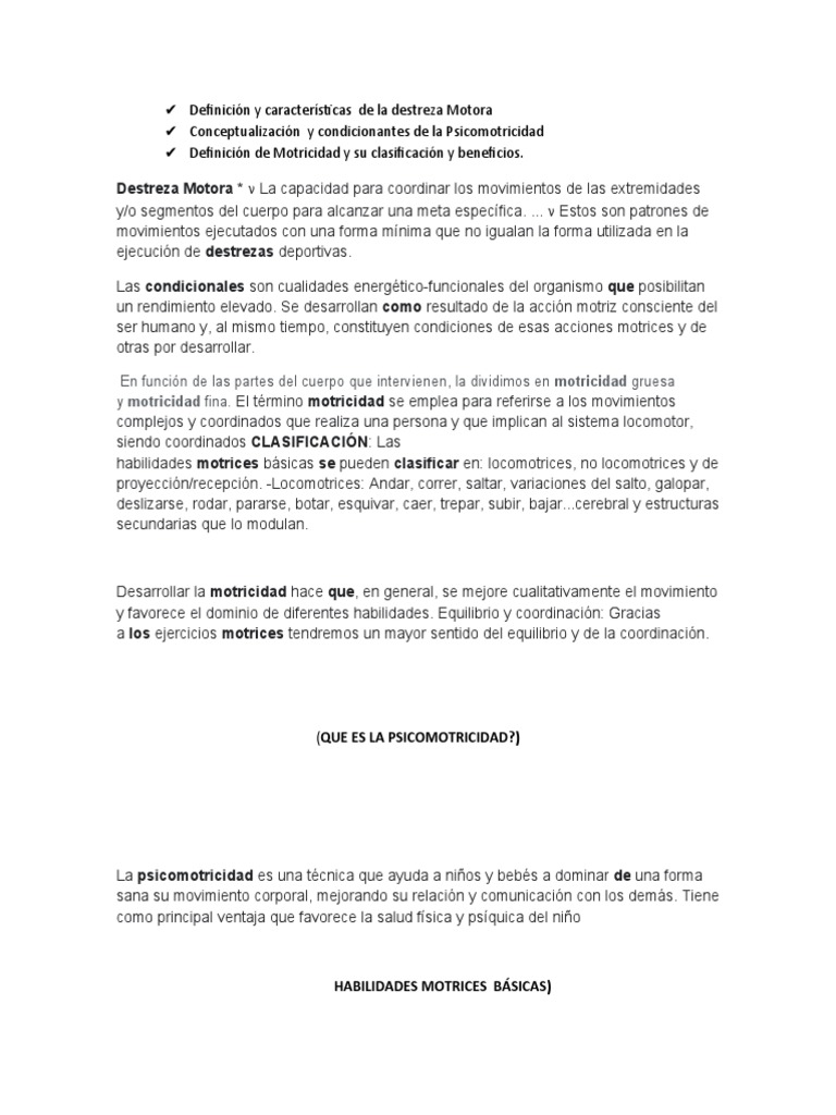 Definición y Características de La Destreza Motora | PDF | Mano