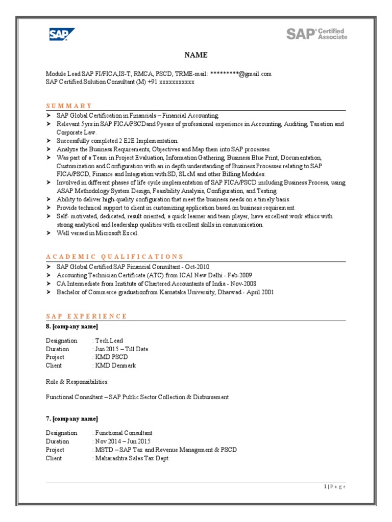 Sap Fica Sample Resume 1 | PDF | Accounting | Payments