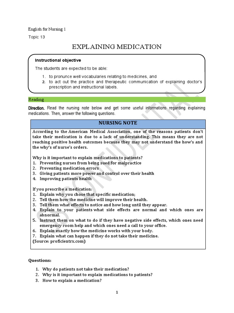 English For Nursing Topic 13 Explaining Medication | PDF | Medical ...