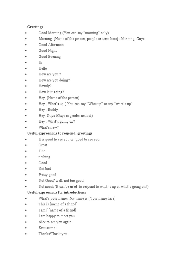 Greetings and Leave Takings List | PDF | Language Arts & Discipline ...