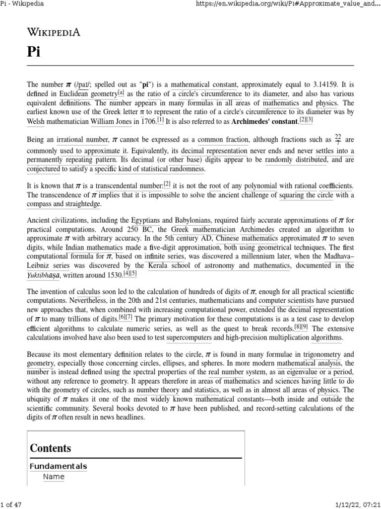 Pi - Wikipedia | PDF | Pi | Numbers