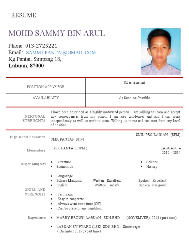 Mohd Sammy Bin Arul: Resume | PDF