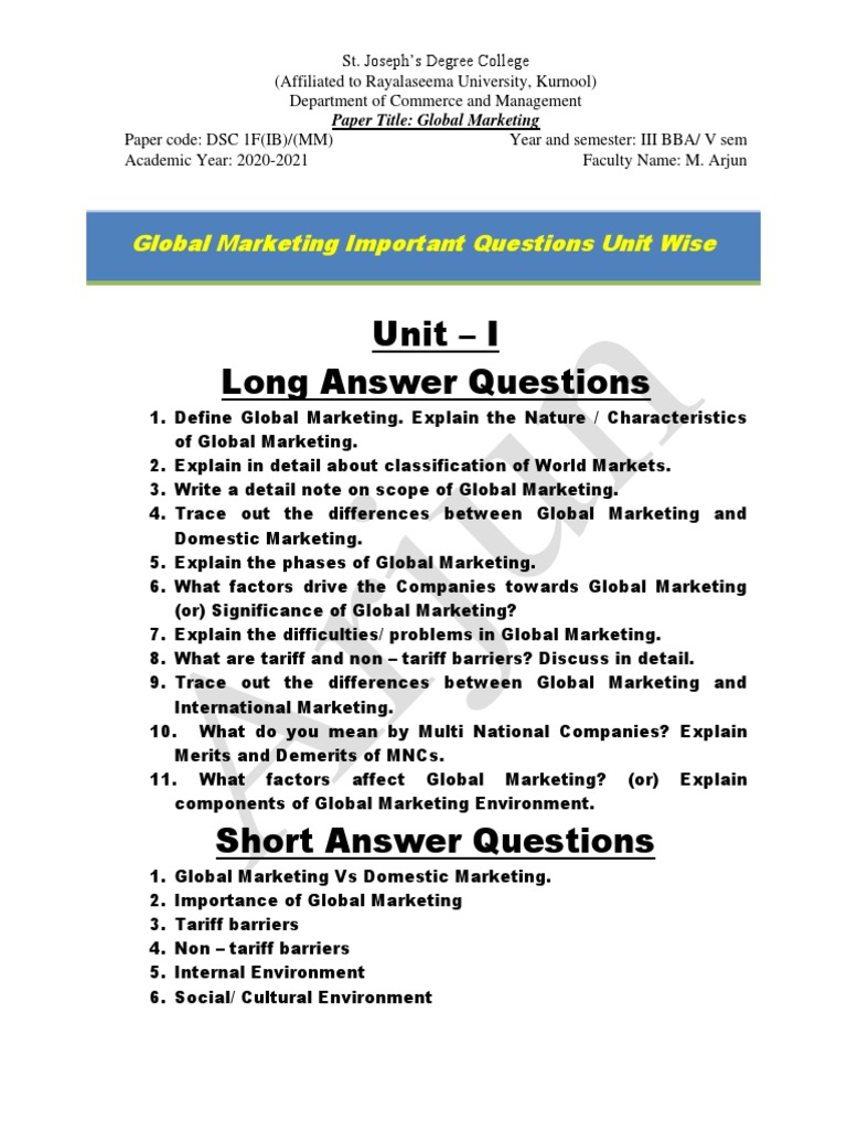 Global Marketing Important Questions Unit Wise | PDF | Pricing | Market ...
