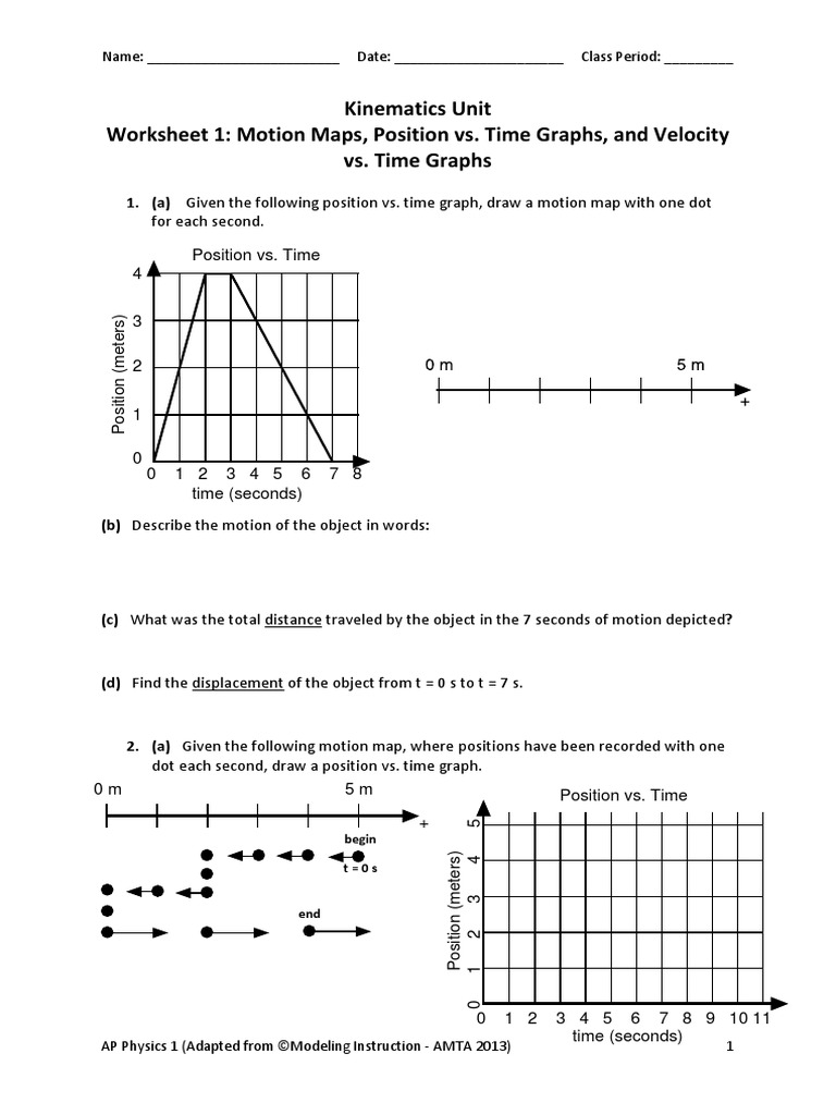 Ws 1 Motion Maps Position Vs Time Graphs And Velocity Vs Time