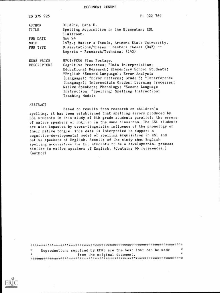 Spelling Acquisition in The Elementary ESL Classroom | PDF | Phoneme ...