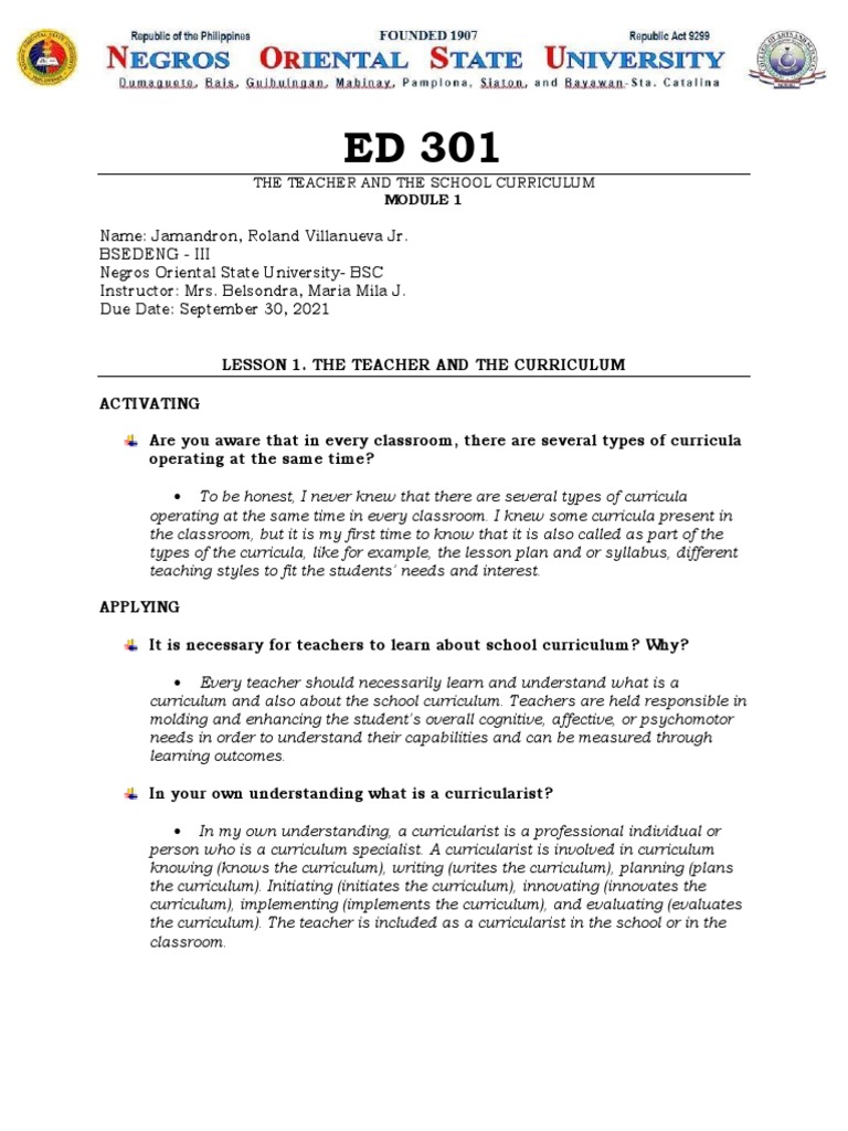 Ed 301 - The Teacher and The School Curriculum | PDF | Curriculum ...