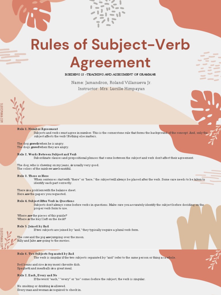 Rules of Subject-Verb Agreement | PDF | Grammatical Number | Plural