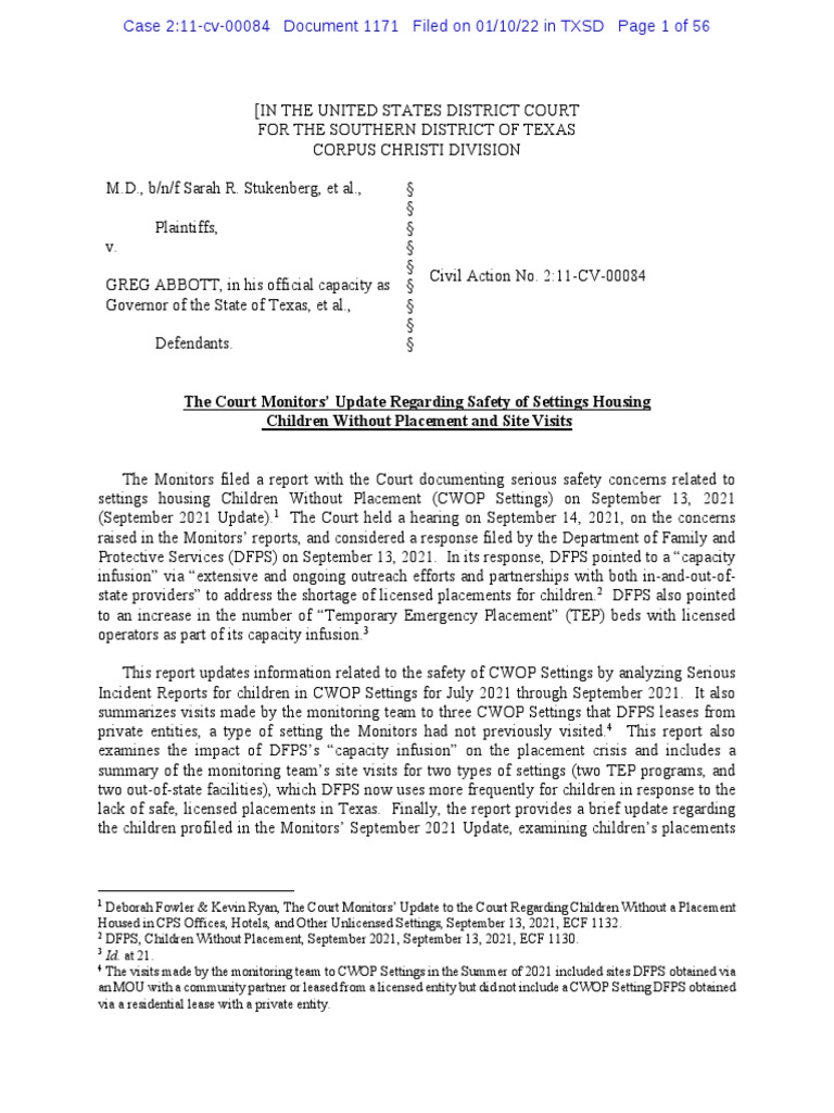 Court Monitors' Update Regarding Safety of Facilities, Both in and Out ...