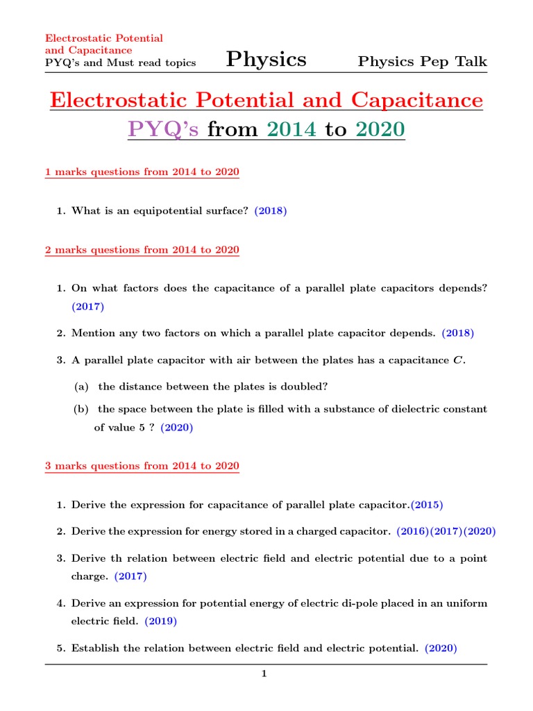 PYQ's and Must Read Topics (2022) | PDF | Capacitor | Electric Field