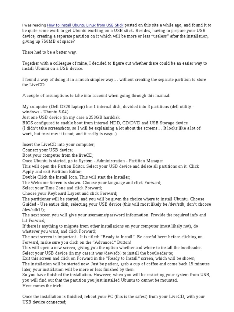Easy Ubuntu USB Installation Guide | PDF | Booting | Usb Flash Drive