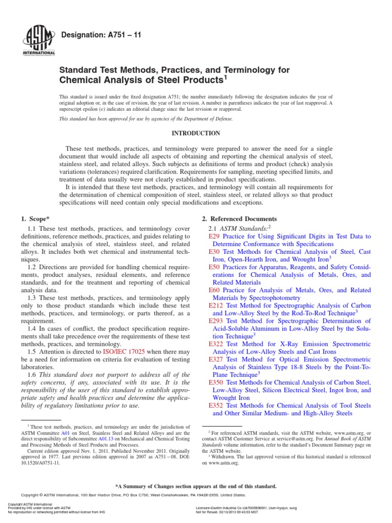 Chemical Analysis of Steel Products: Standard Test Methods, Practices ...