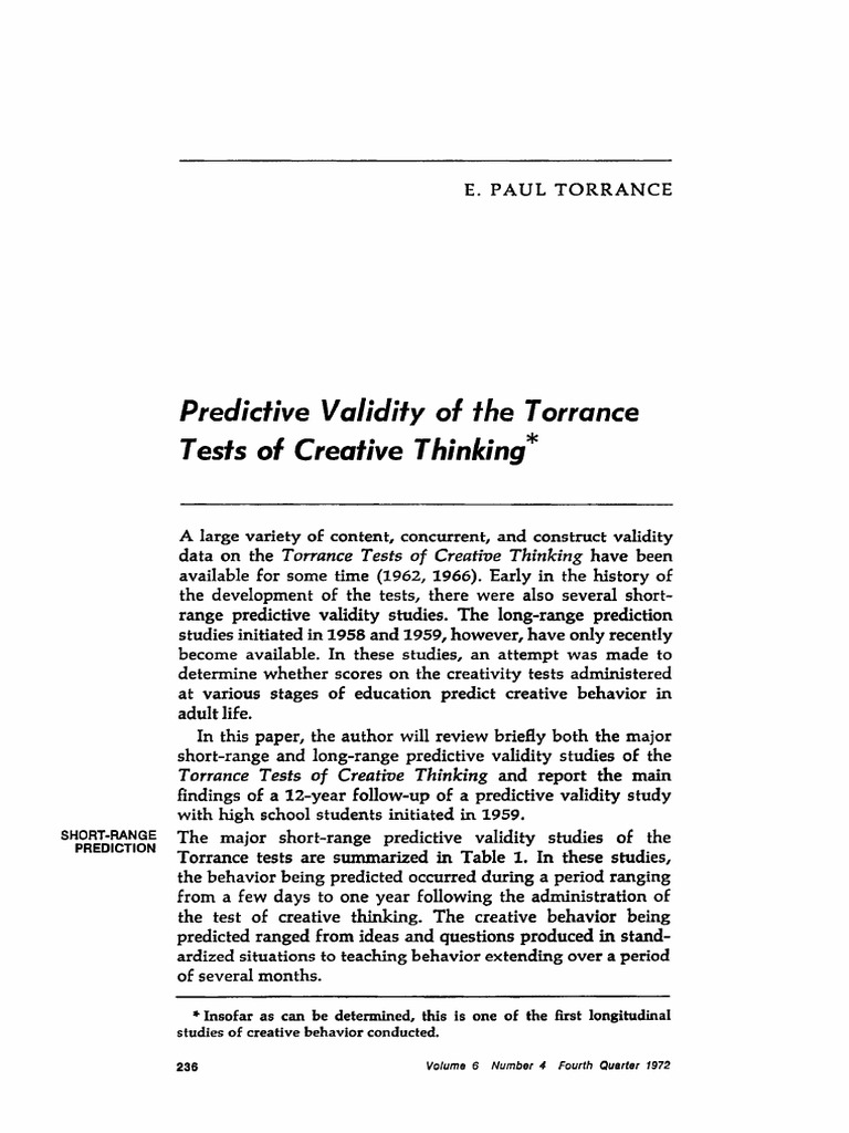 Predictive Validity The Torrance Tests Creative Thinking | PDF ...