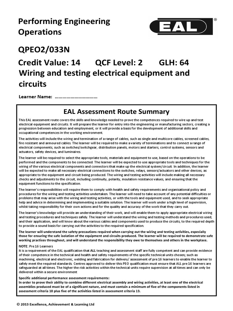 Performing Engineering Operations QPEO2/033N Credit Value: 14 QCF Level ...
