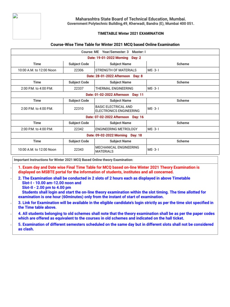 MCQ Based Online Examination MSBTE Time Table For Winter 2021 ...