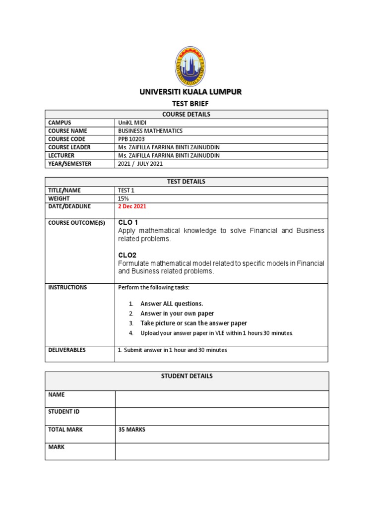 Universiti Kuala Lumpur: Test Brief | PDF | Economies | Business