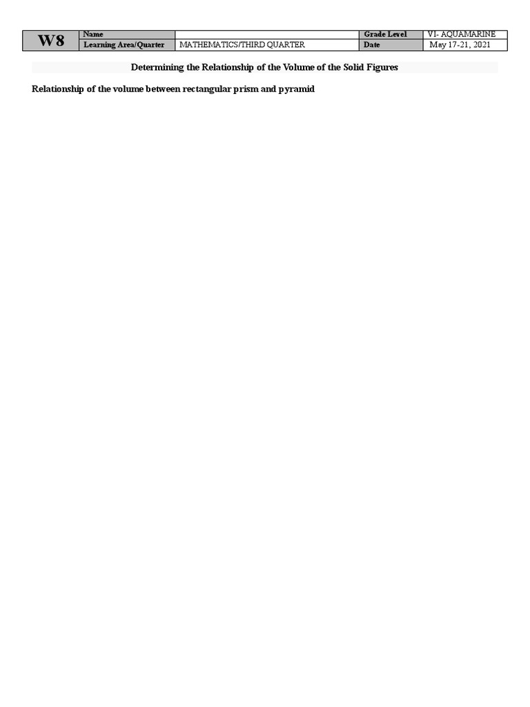 Q1 W2 Math | PDF | Volume | Area
