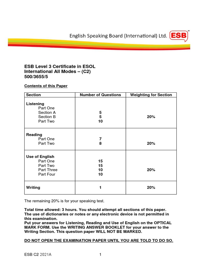ESB Level 3 Certificate in ESOL International All Modes - (C2) 500/3655 ...