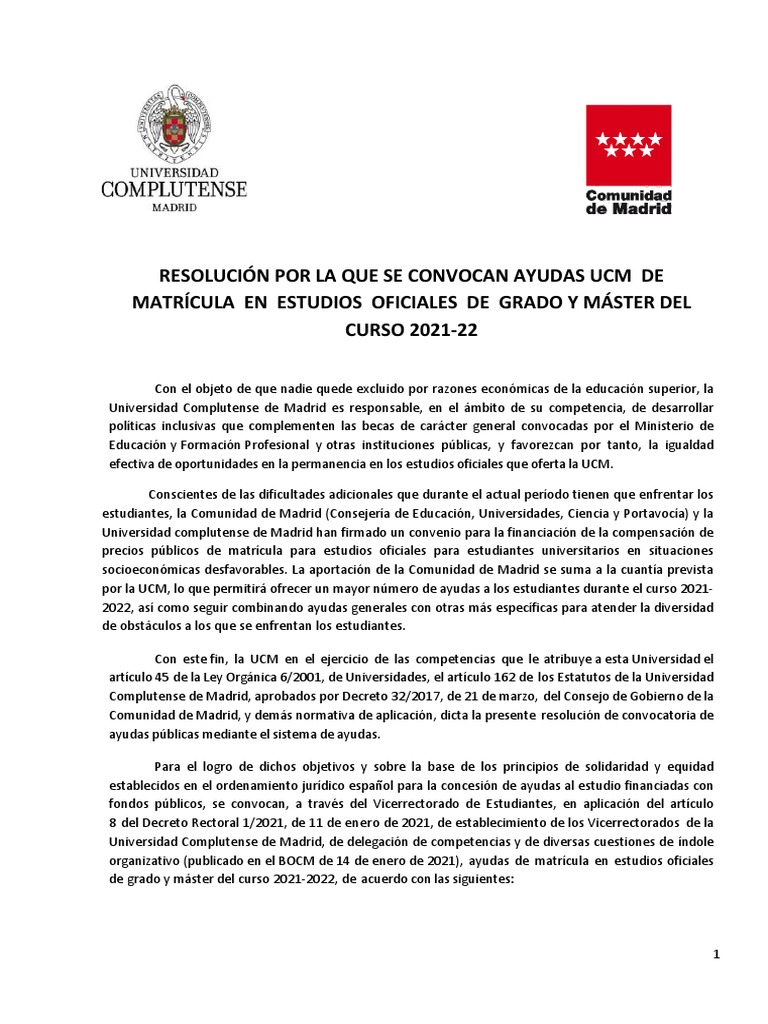 Convocatoria Ayudas Ucm de Matricula Grado y Master 2021 22 Signed ...