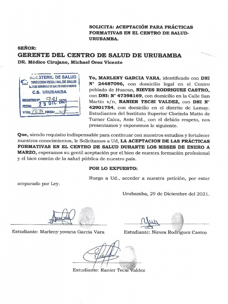 Solicitud de Aceptacion Al Minsa | PDF