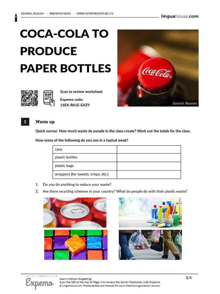 Coca Cola To Produce Paper Bottles British English Teacher BW | PDF ...